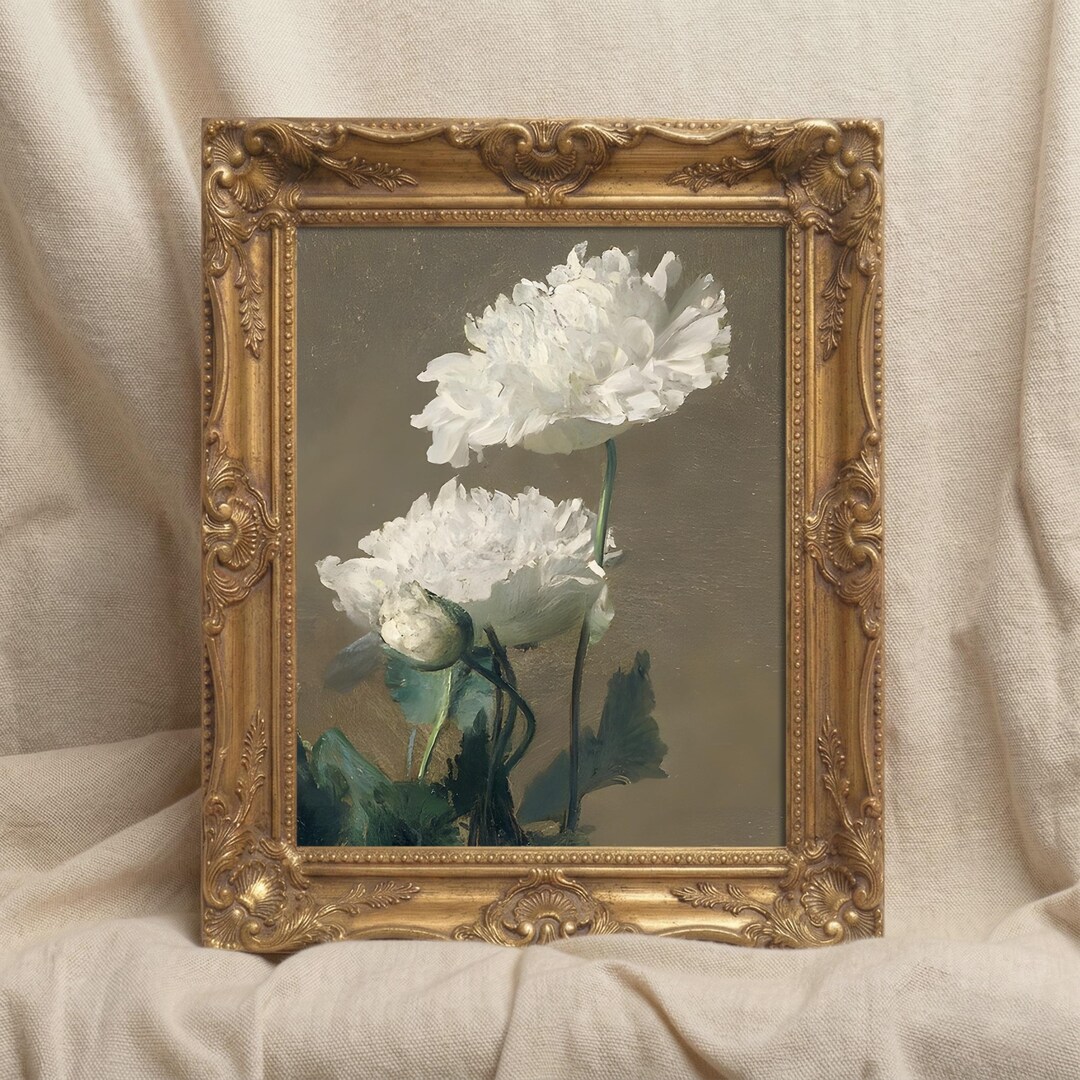 Framed Vintage White Peonies Art, Antique Floral Still Life Oil ...