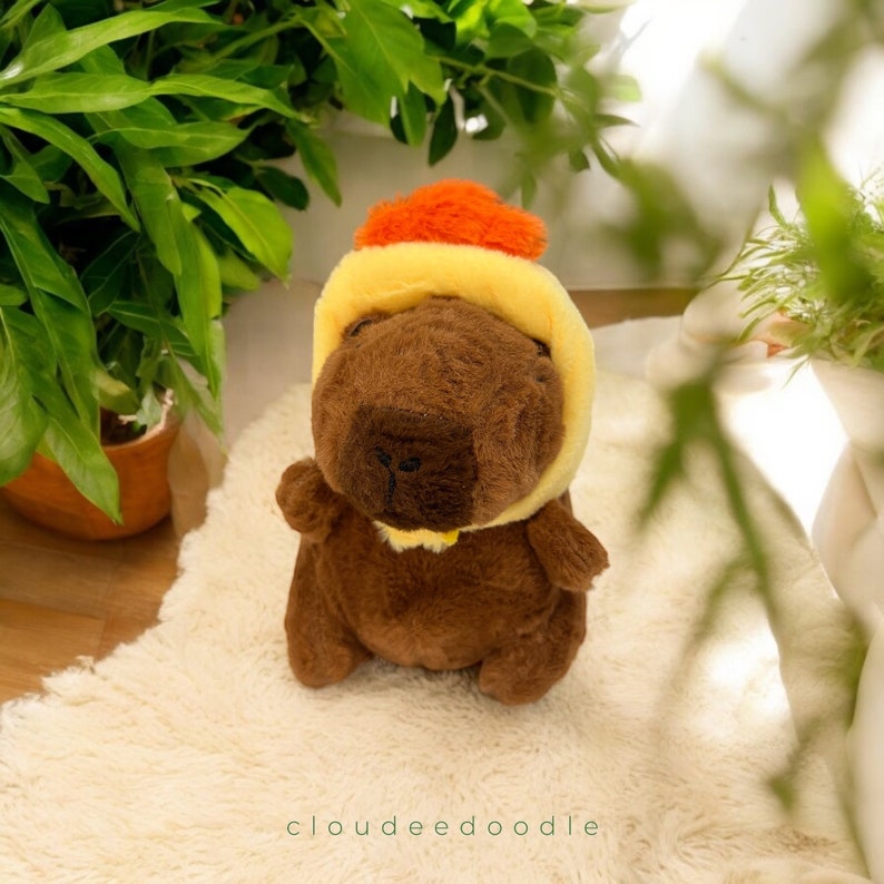 CUTE Capybara Soft Fluffy Plush Keychain With Fun Food Themed Hats ...