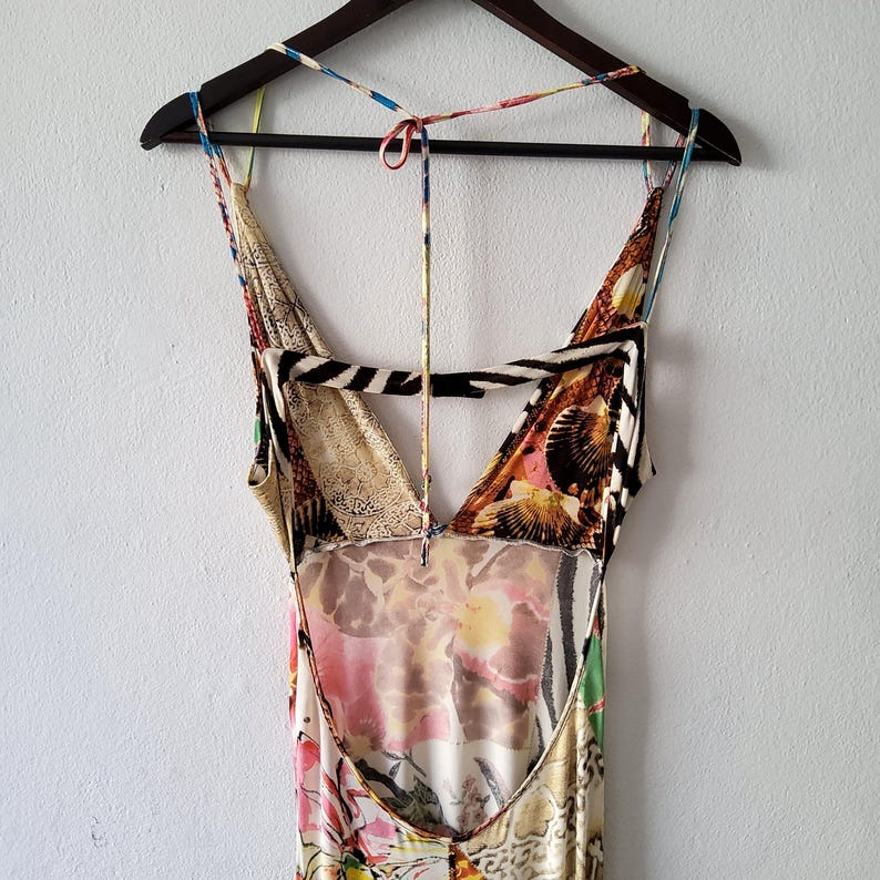 Robe Midi Dos Nu à Imprimé Patchwork Multicolore Vintage Rare Roberto