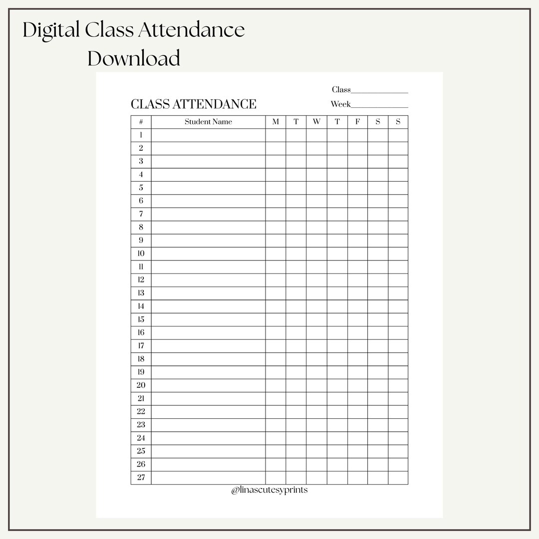 Digital Class Attendance Tracker Printable | Student Attendance Sheet ...