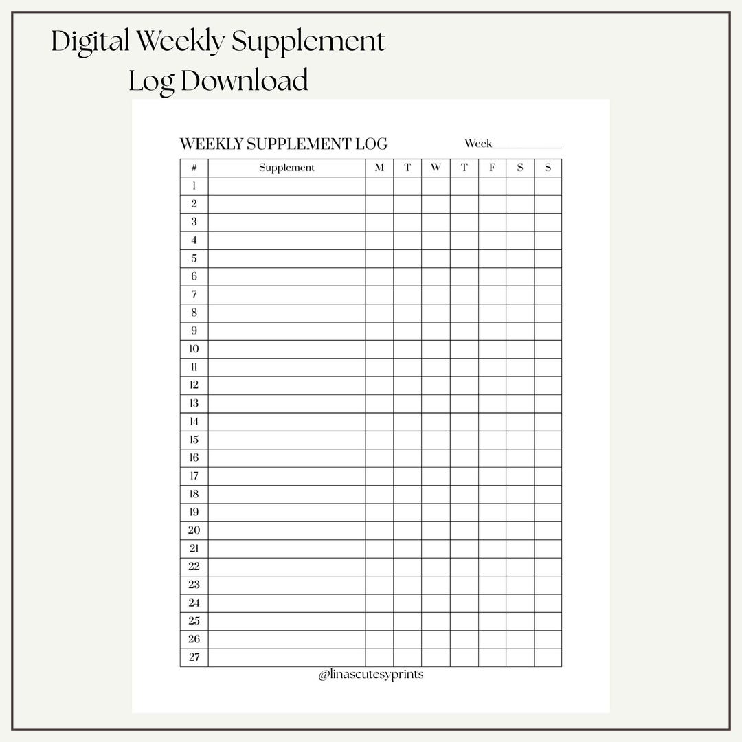 Weekly Supplement Log Printable | Vitamin Tracker | Supplement Schedule ...