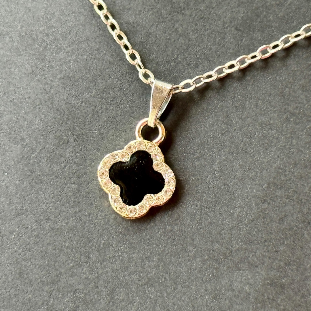 Elegant Black Clover Pendant Necklace – Gold-tone Crystal Charm, Dainty ...