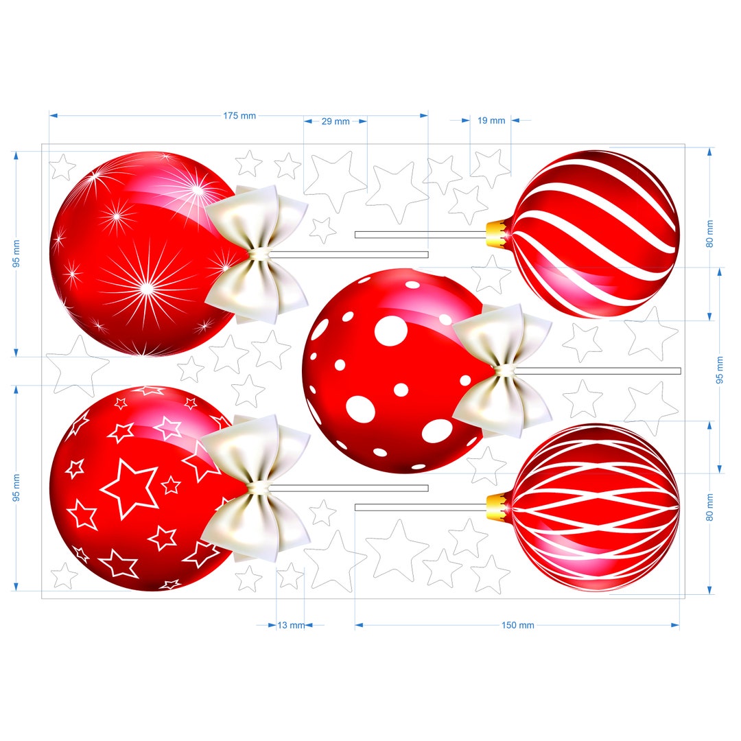 3D Christmas Window Decals, Red Baubles and Stars, Holiday Decoration ...