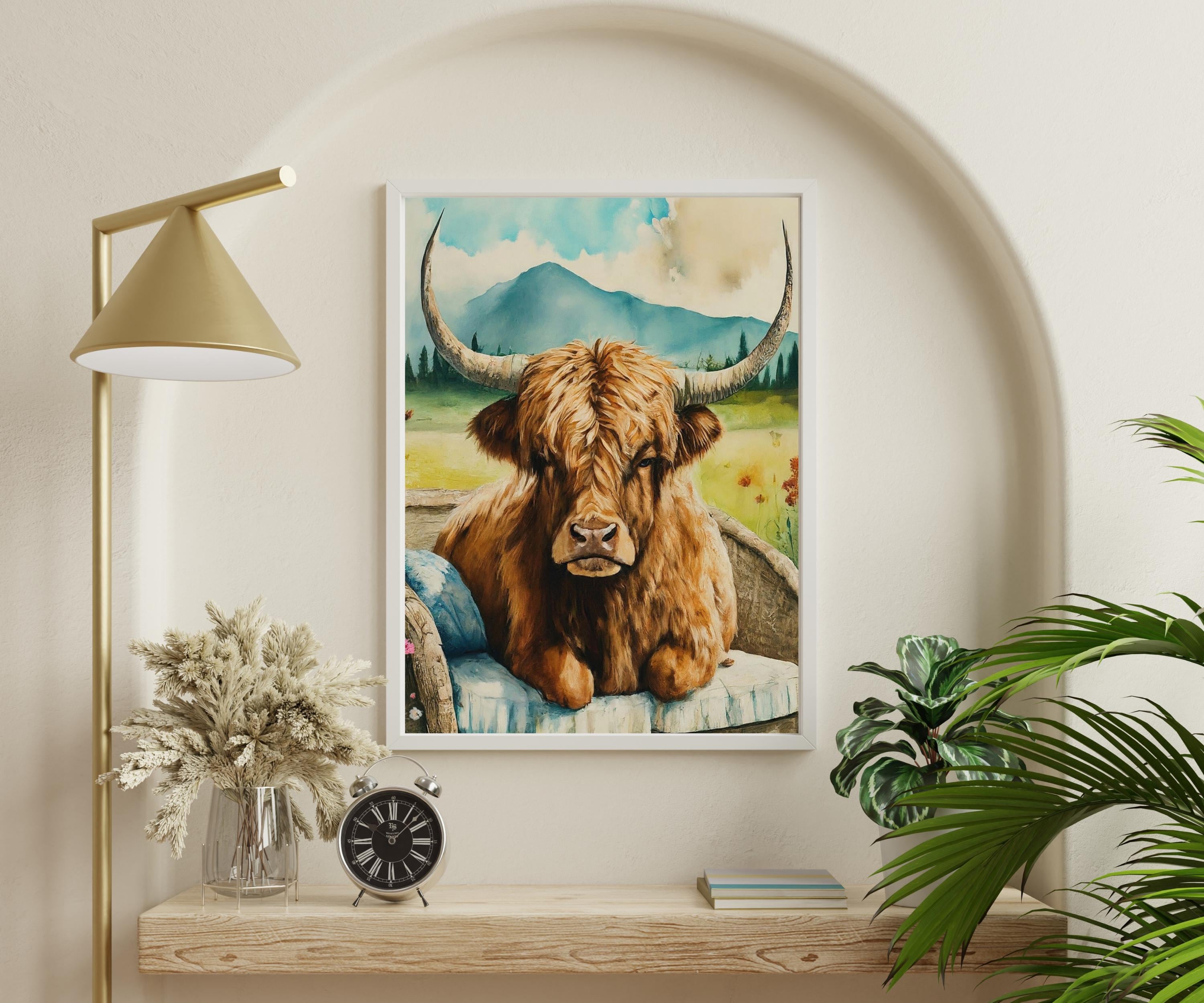 Sitting Highland Cow Wall Art Cow on Couch Poster Hairy Coo in Field ...