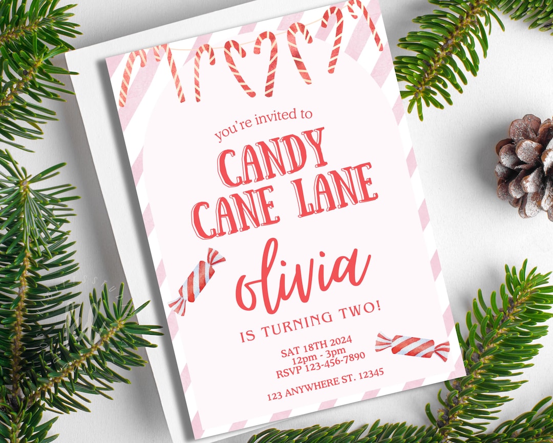 Candy Cane Lane Birthday Invitation Winter Holiday B-day Invite ...