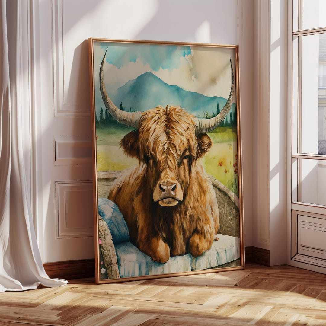 Sitting Highland Cow Wall Art Cow on Couch Poster Hairy Coo in Field ...