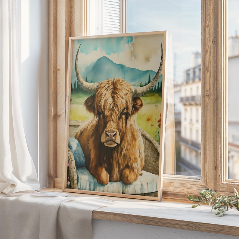 Sitting Highland Cow Wall Art Cow on Couch Poster Hairy Coo in Field ...