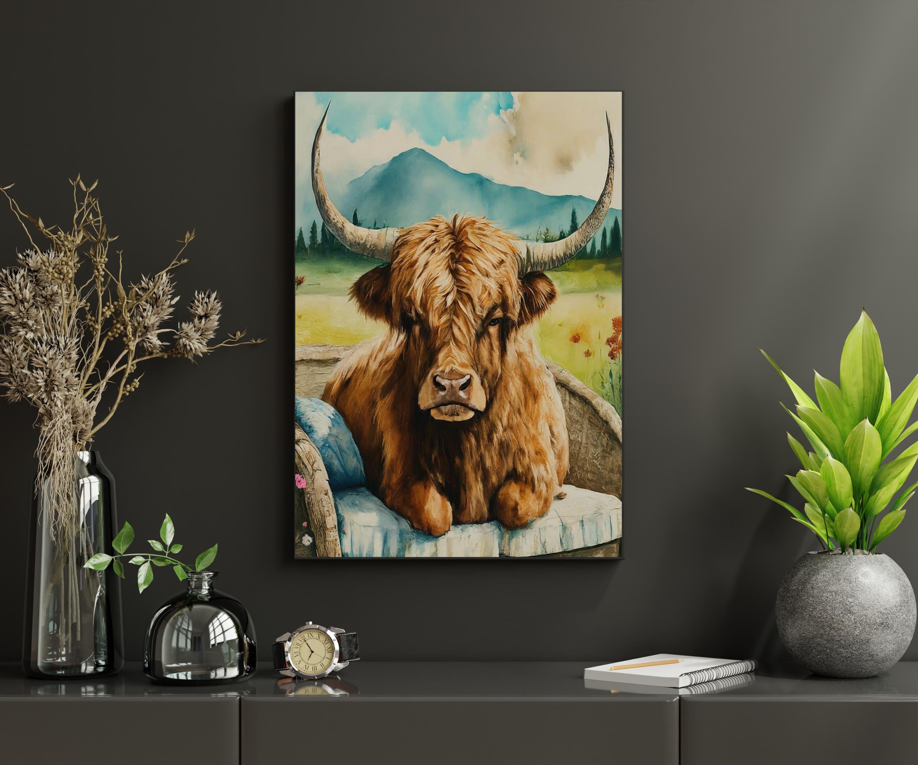 Sitting Highland Cow Wall Art Cow on Couch Poster Hairy Coo in Field ...