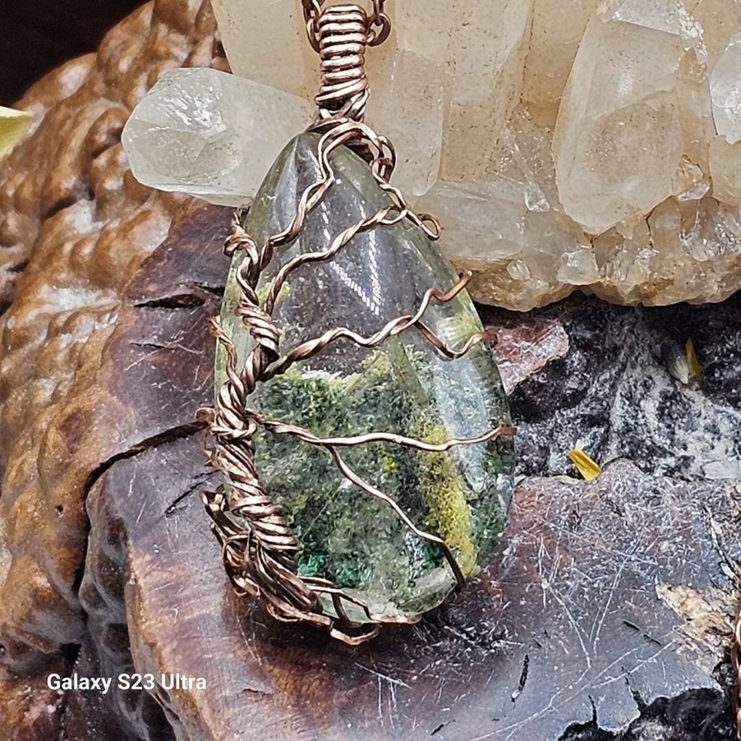 77.9ct 100% Rare Clear Green Ghost Crystal Quartz Pendant Polished Tree ...