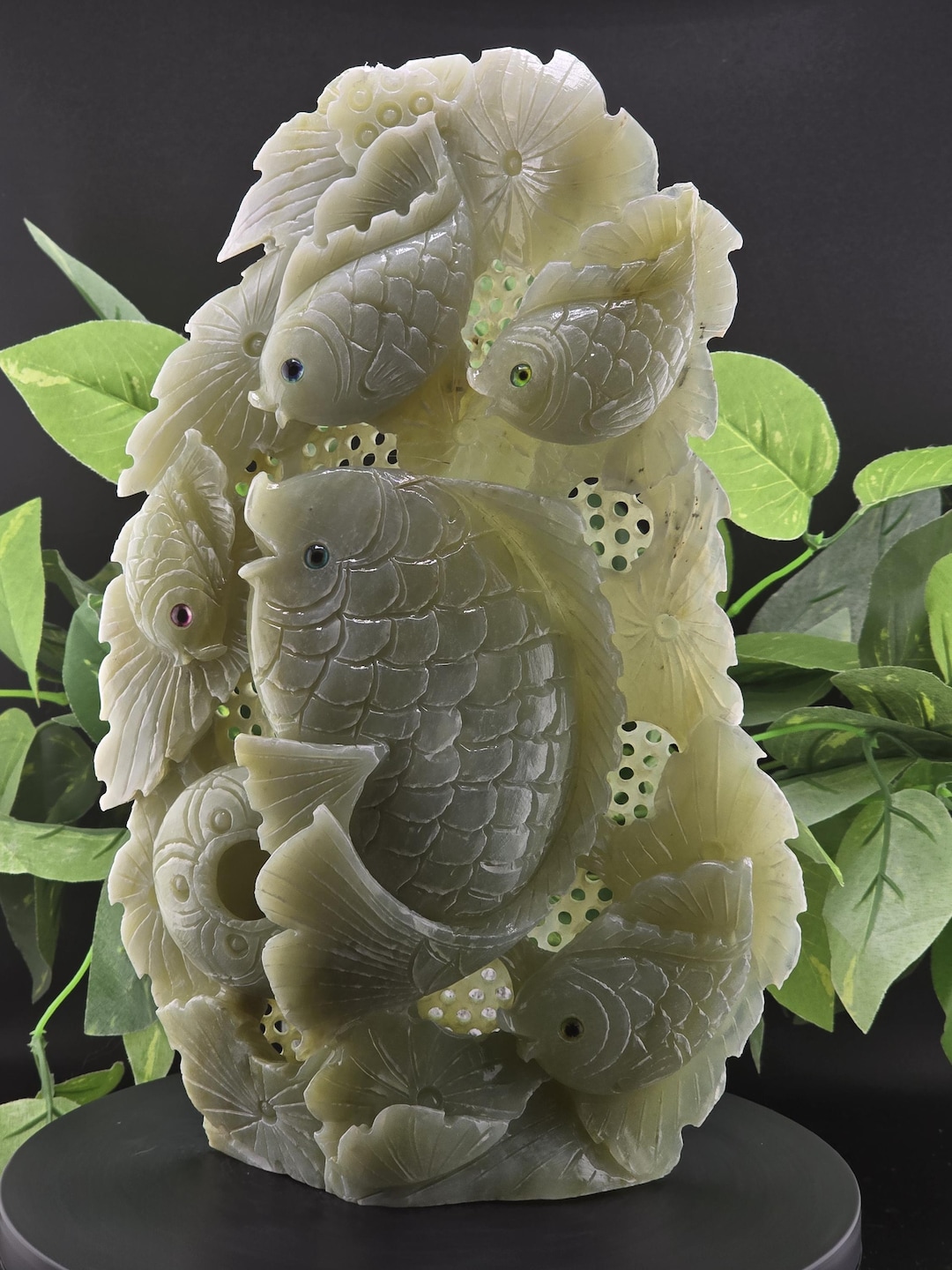 Large Hand Carved Jade Koi Fish Sculpture – One-of-a-kind Xiuyu Jade ...