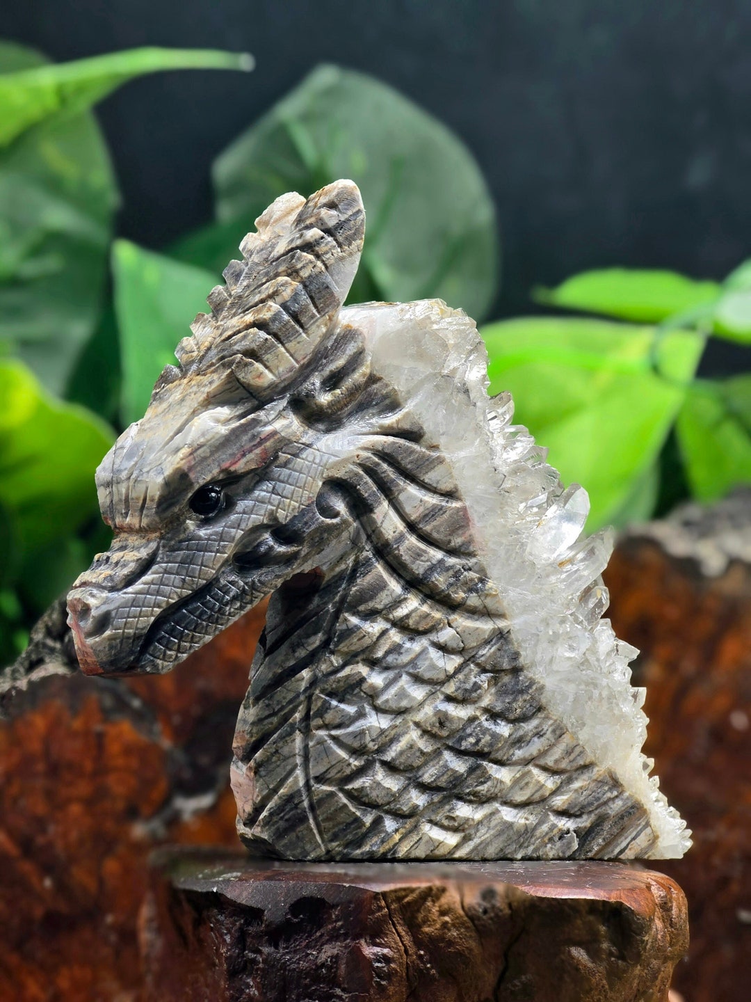 Enchanting Hand-carved Dragon on Natural Quartz Crystal Cluster ...