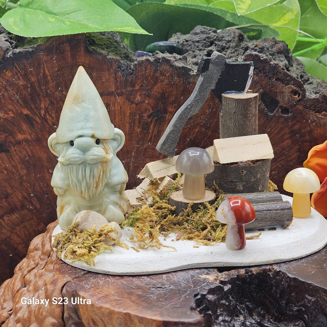 Amazonite Gnome 3 Agate Mushroom, and Wood Cutting Diorama Set Gift ...
