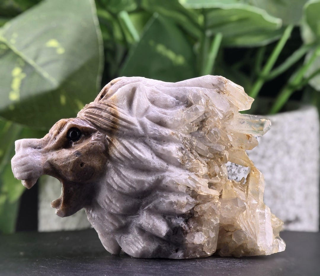 Hand Carved White Calcite Lion Sculpture: Natural Crystal Quartz Mane ...