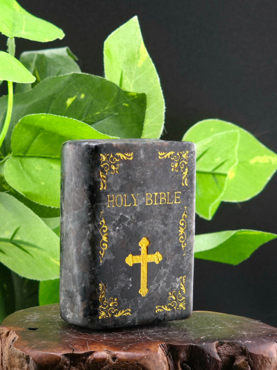 Hand-carved "flame Stone" Bible Sculpture With Gold Leaf Cross - Etsy