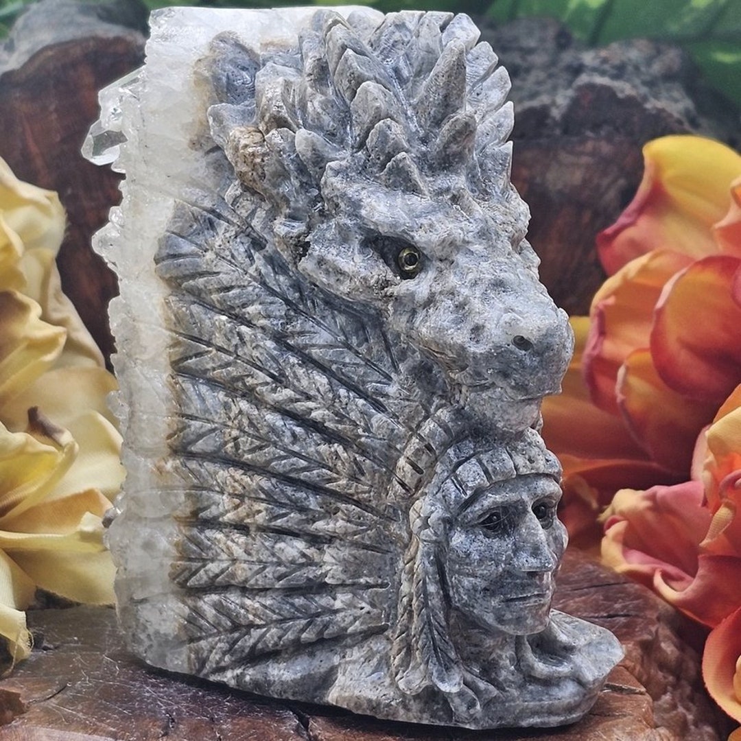 Stunning Hand Carved Indian Tribal Leader With Spirit Dragon Crystal ...