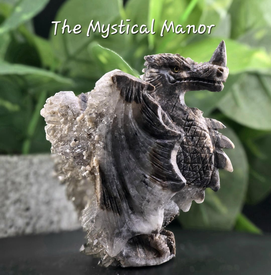 Hand-carved Dragon With Quartz Clusters Fierce Bedrock Dragon Sculpture ...