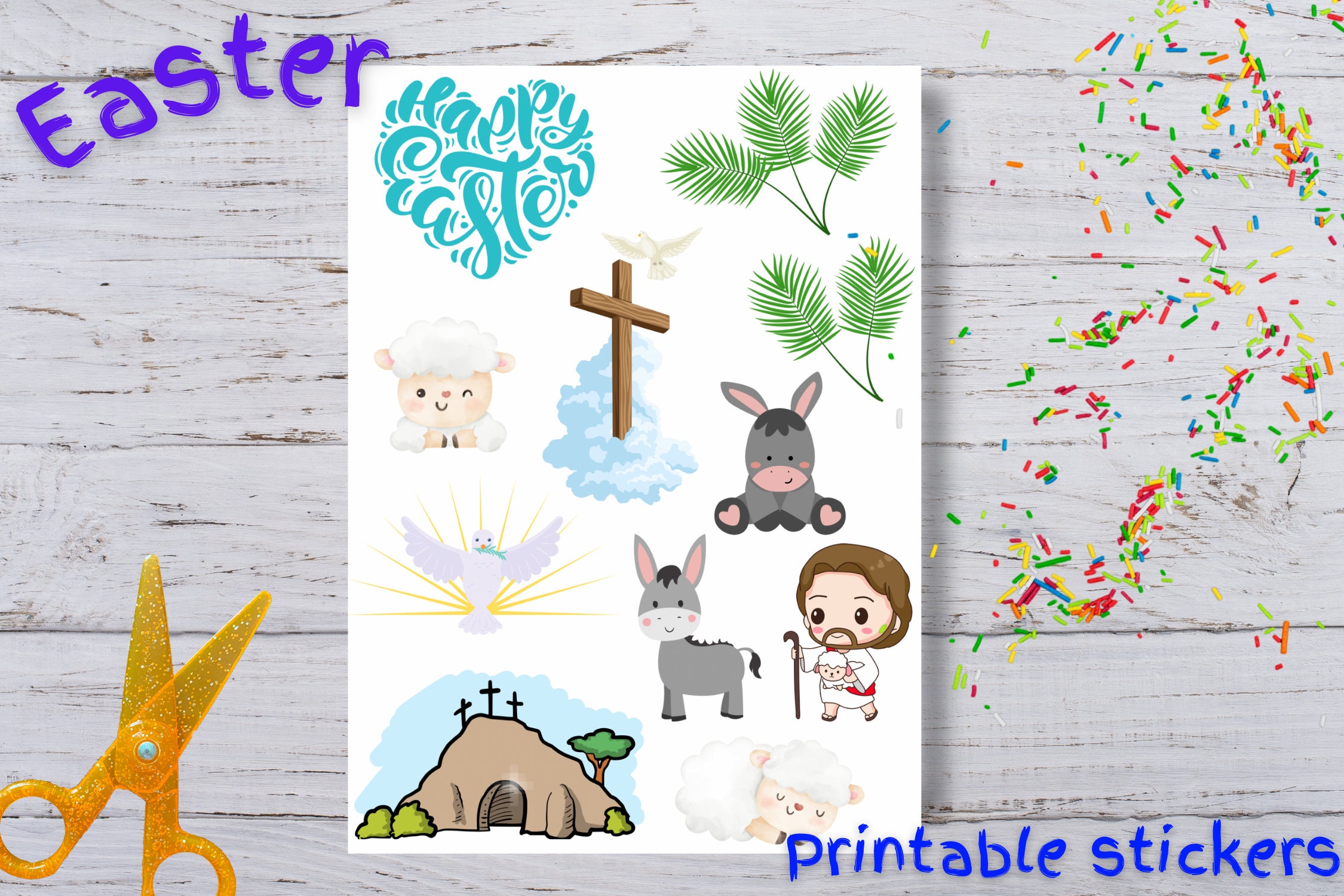 Christian Easter Printable Stickers, Christian Easter Clip Art, Palm ...