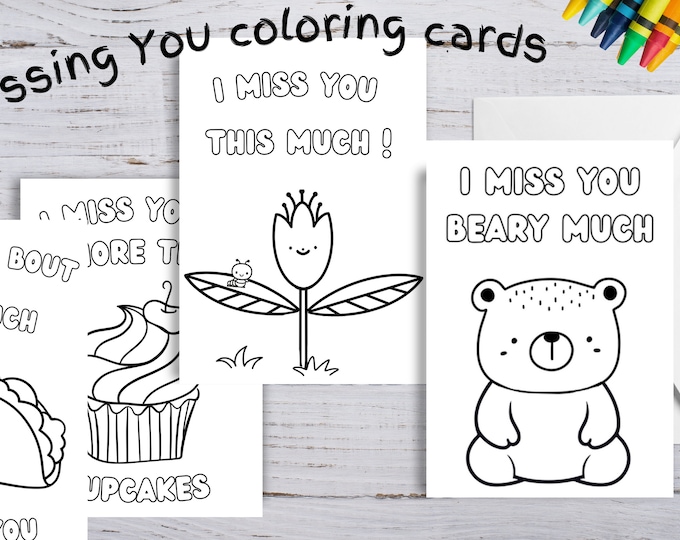 Miss You Coloring Cards Printable, Kids Coloring Cards, Color Your Own ...