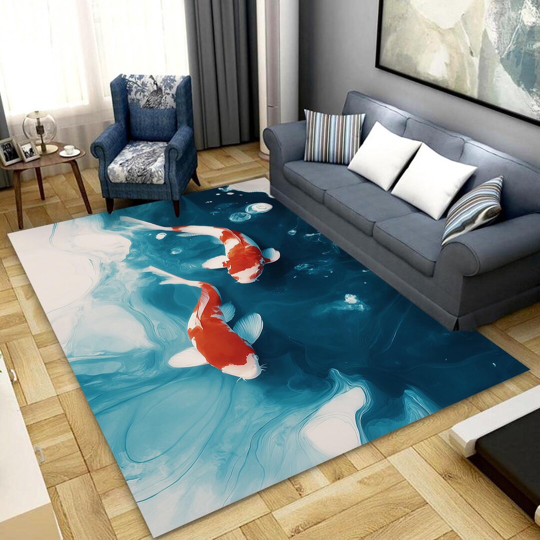 Koi Fish Area Rug, Painting Style Koi Fish Rug, Koi Fish Rug, Japanese ...