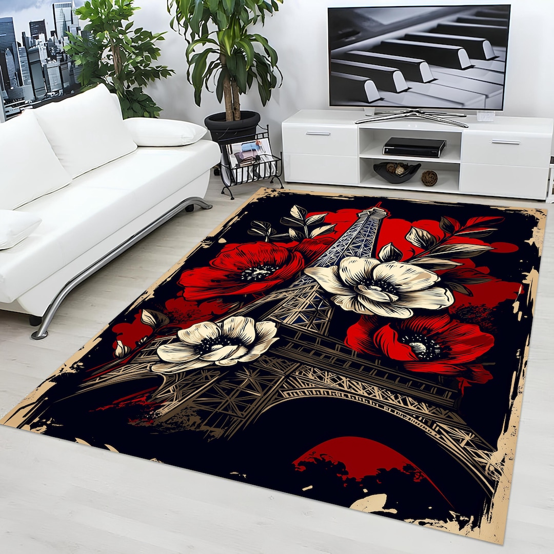 Eiffel Tower Rug, Paris Themed Rug, Eiffel Tower Decor, Floral Eiffel ...