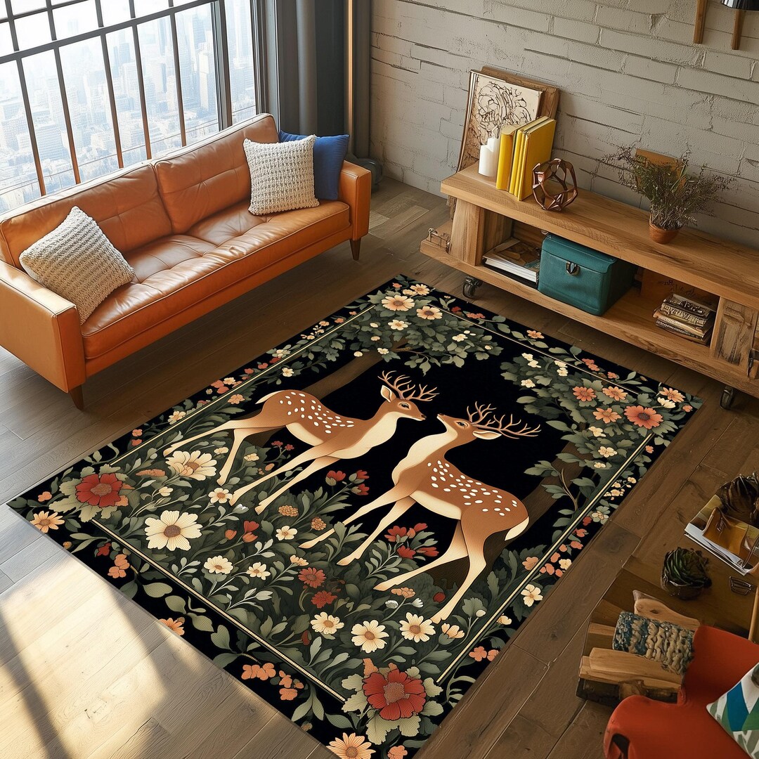 Floral Deer Area Rug, Forest Farmhouse Decor - Etsy