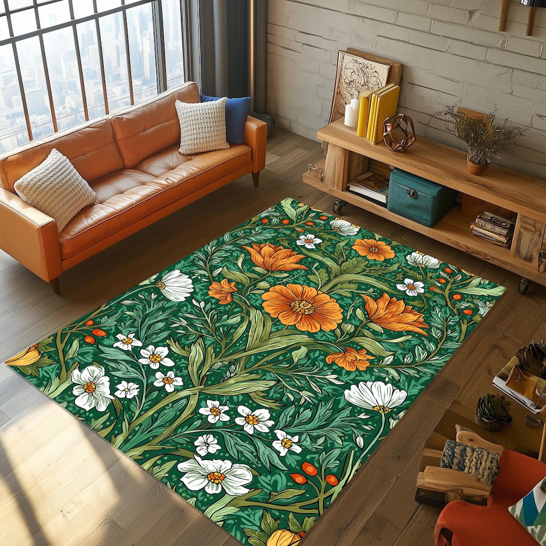 William Morris Inspired Rug, Floral Rug, Flower Themed Rug, Floral Area ...