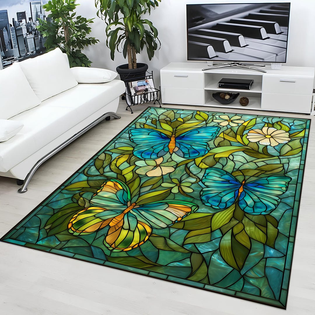 Stained Glass Butterfly Rug, Stained Glass Rug, Butterfly Area Rug ...