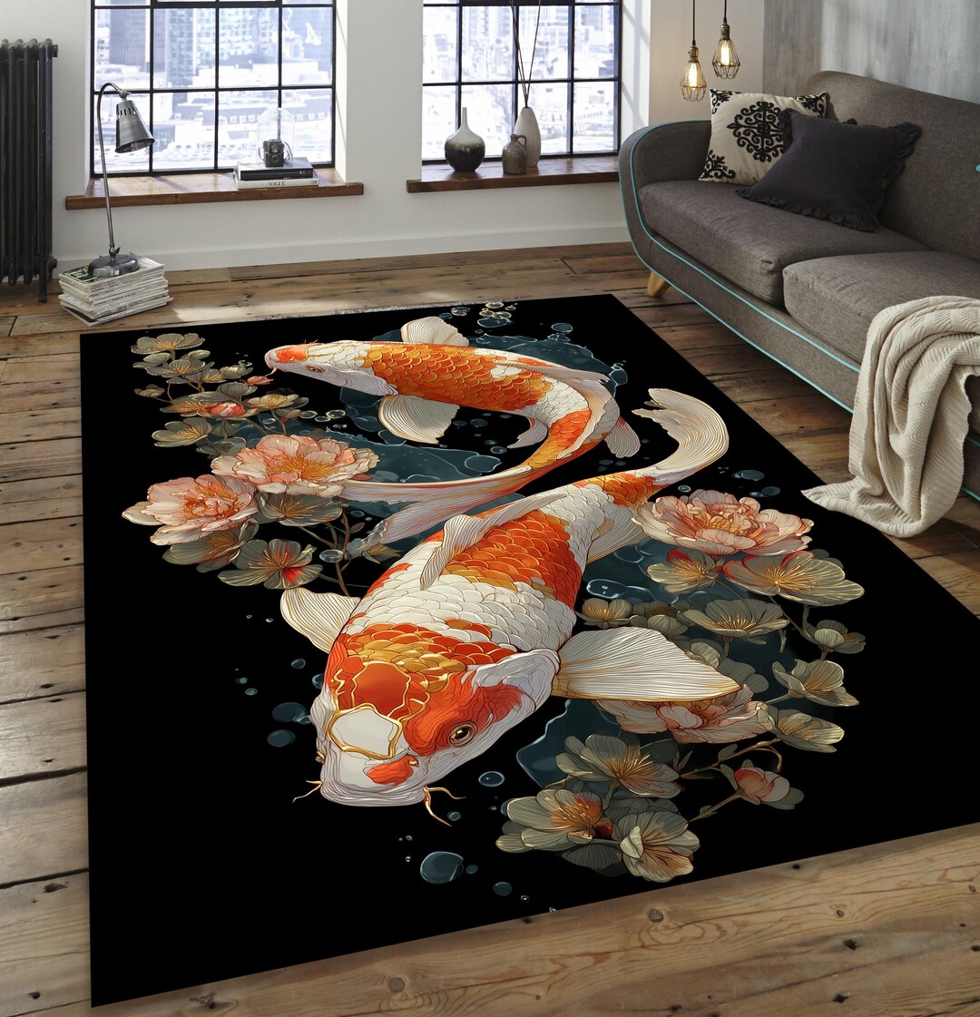 Koi Fish Rug, Koi Fish Area Rug, Japan Themed Rug, Floral Koi Fish Rug ...