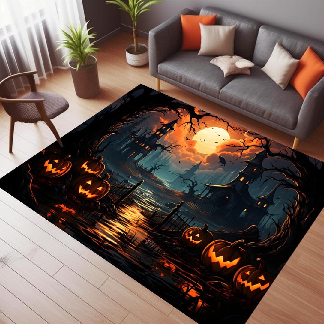 Hallowen Rug, Pumpkin Decor Rug, Scary Rugs, Bat Area Rug, Living Room ...
