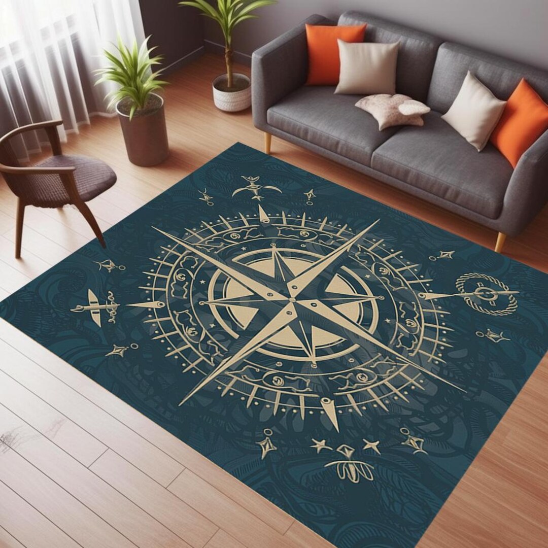 Compass Rug, Navy Blue and Beige Rug, Sailor Rug, Living Room Rug ...