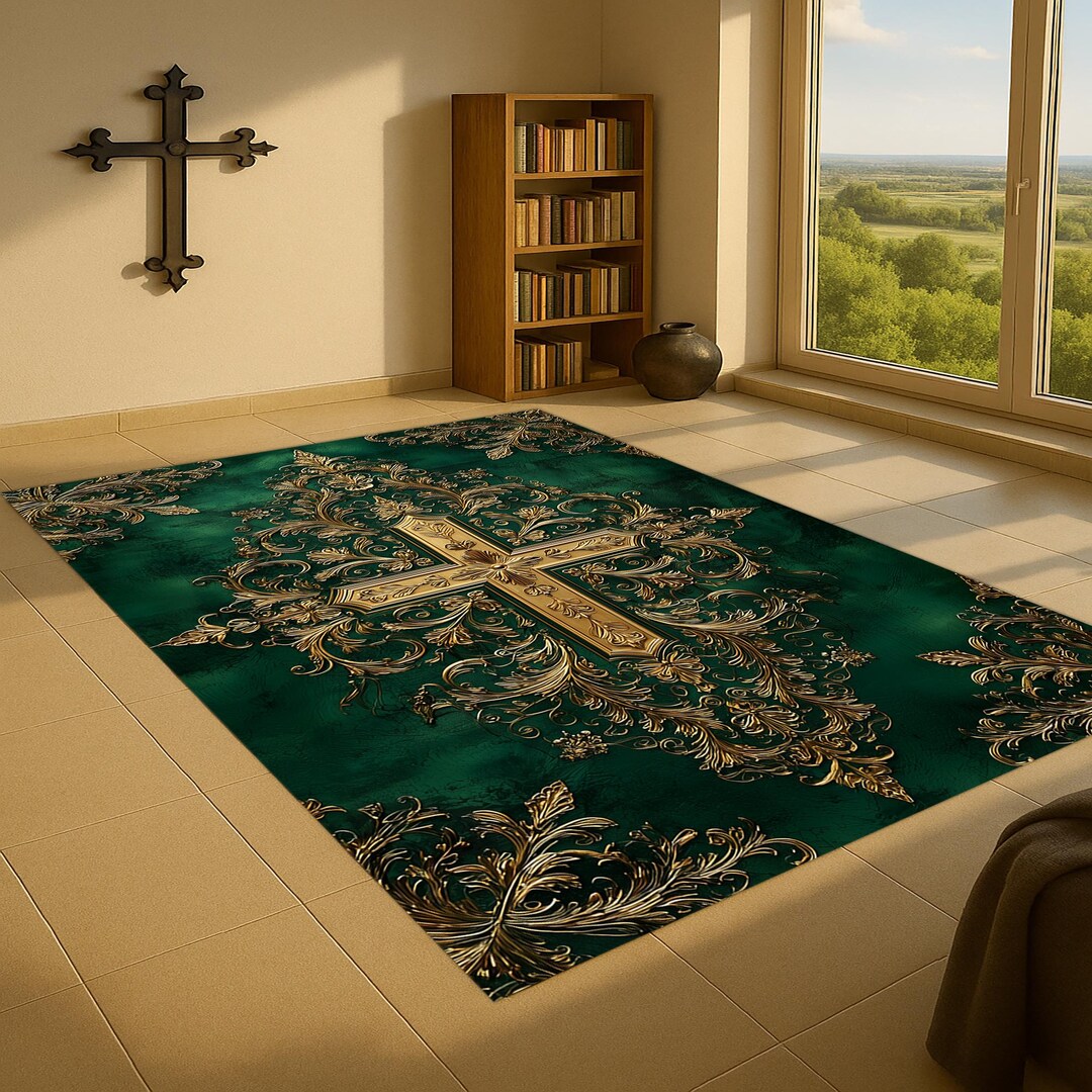 Emerald Baroque Cross Rug, Catholic Prayer Rug - Etsy