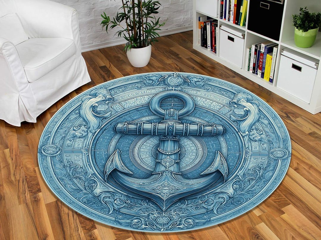 Sea Anchor Round Rug, Anchor Area Rug, Anchor Pattern Rug, Nautical ...