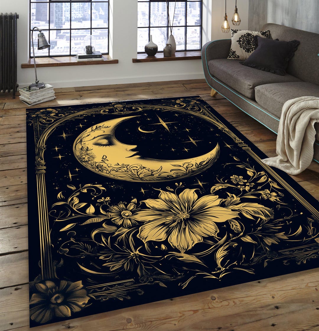 Mystical Crescent Moon Area Rug, Floral Celestial Design - Etsy