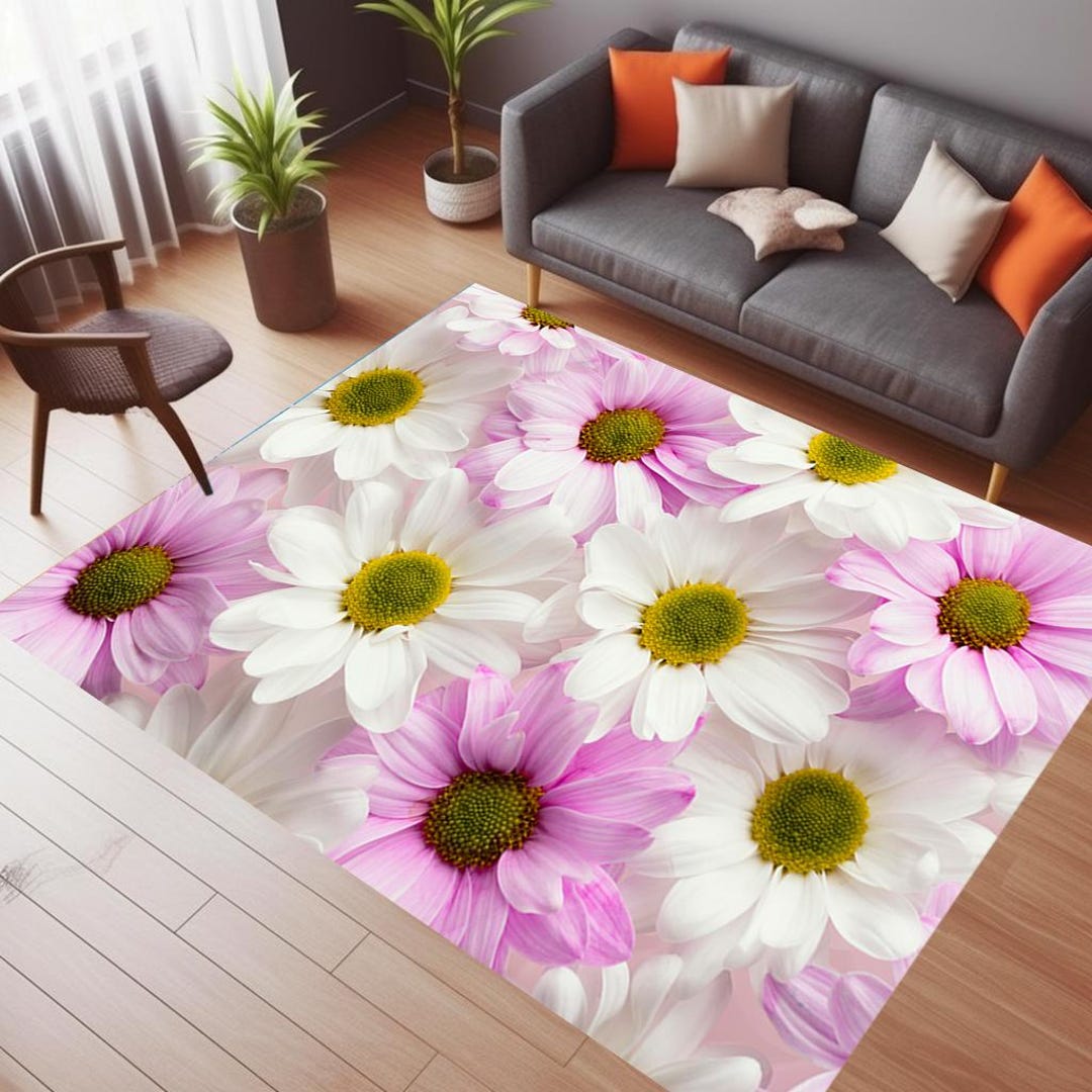Daisy Rug, Pink and White Daisy Rug, Flower Rug, Living Room Rug ...