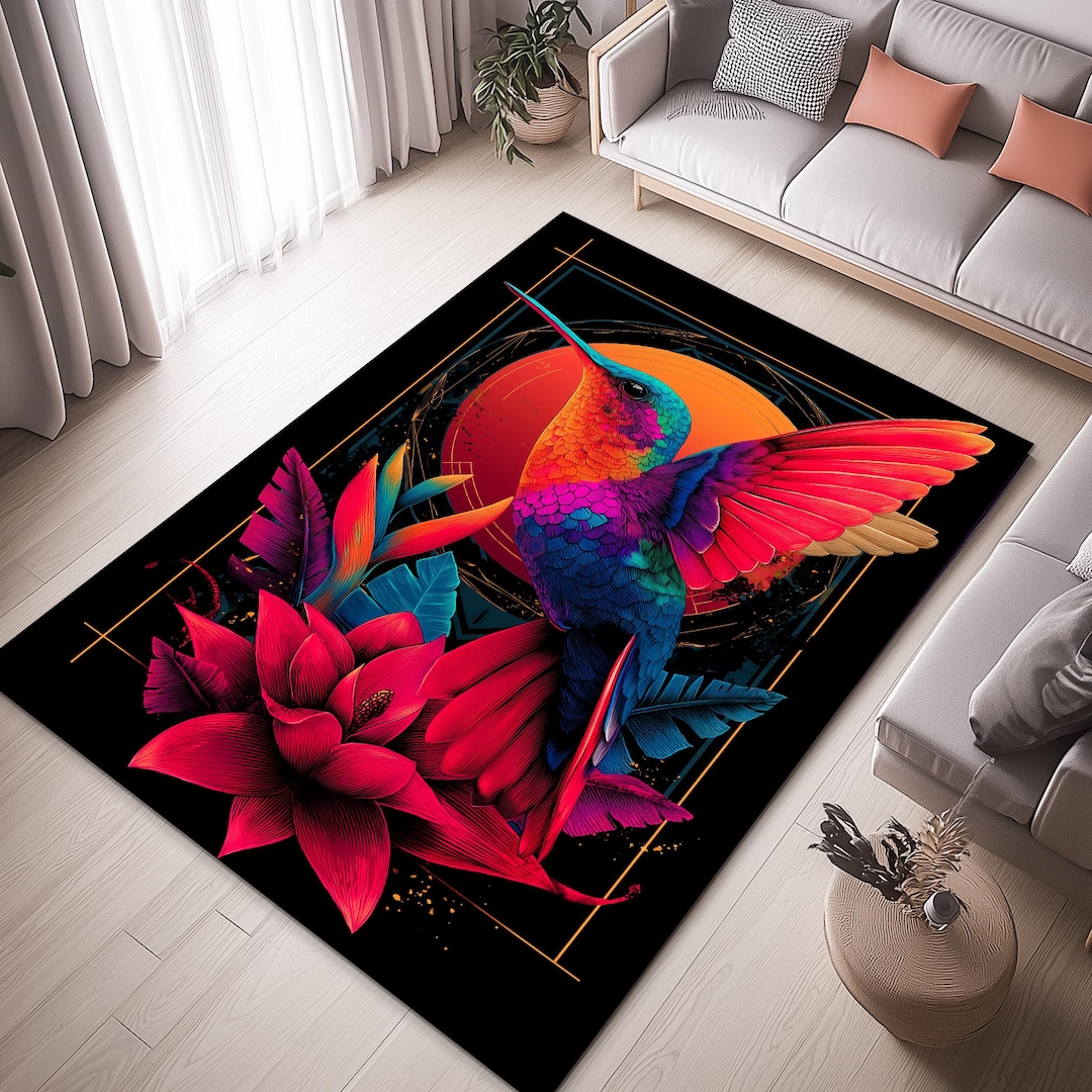Vibrant Hummingbird Rug, Hummingbird Area Rug, Floral Hummingbird Rug ...