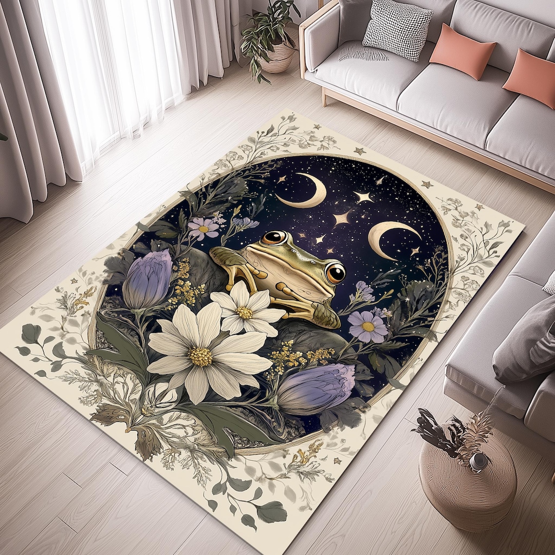 Cottagecore Frog Rug, Celestial Floral Rug, Floral Frog Rug, Frog Area ...