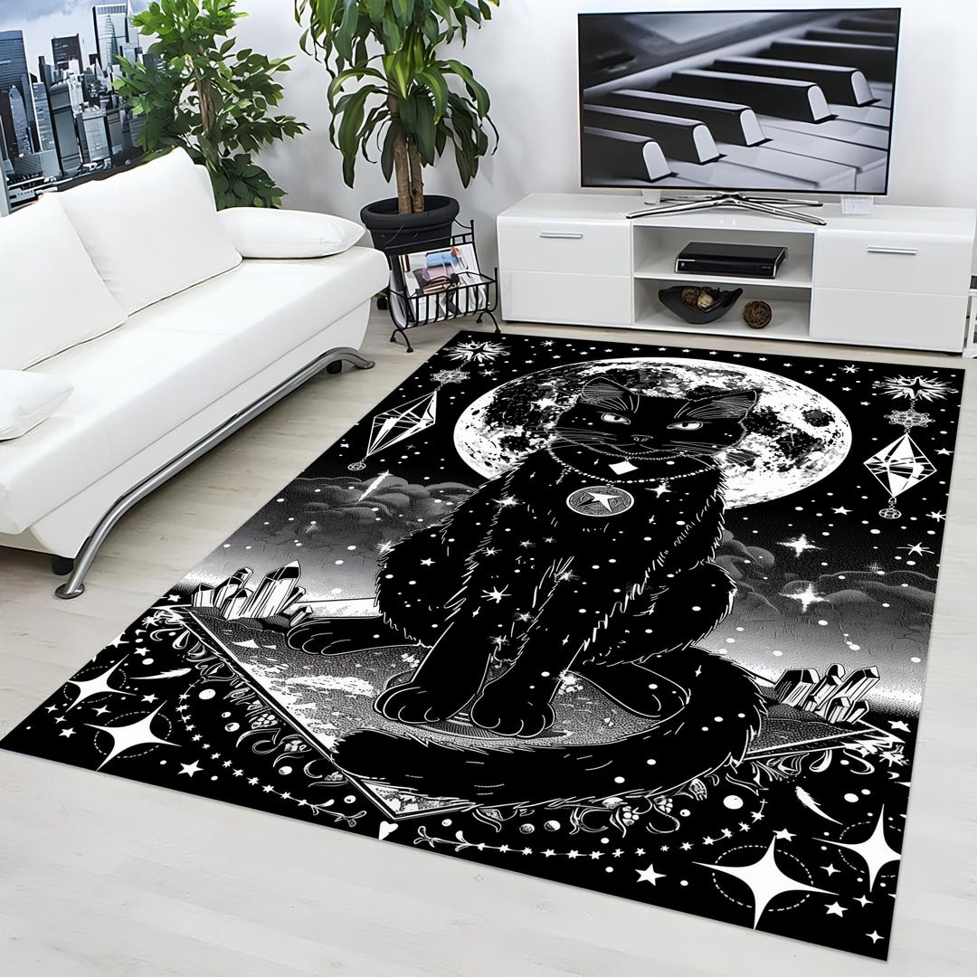 Cat Rug, Black Cat Rug, Moon Rug, Cat Area Rug, Cool Rug, Animal Decor ...