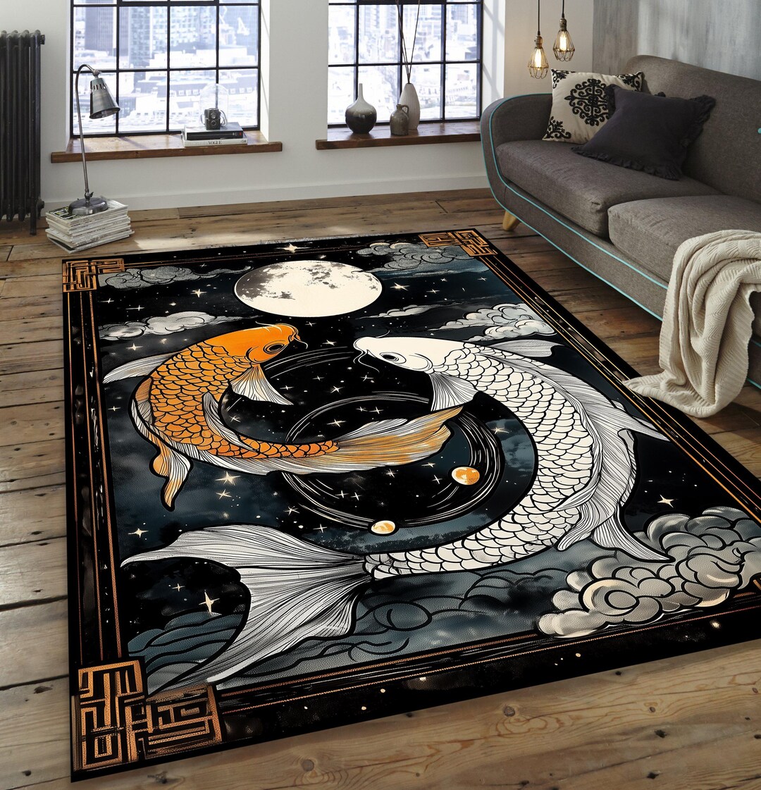 Koi Fish Area Rug, Japanese Rug, Koi Fish Patterned Rug, Japan Themed ...