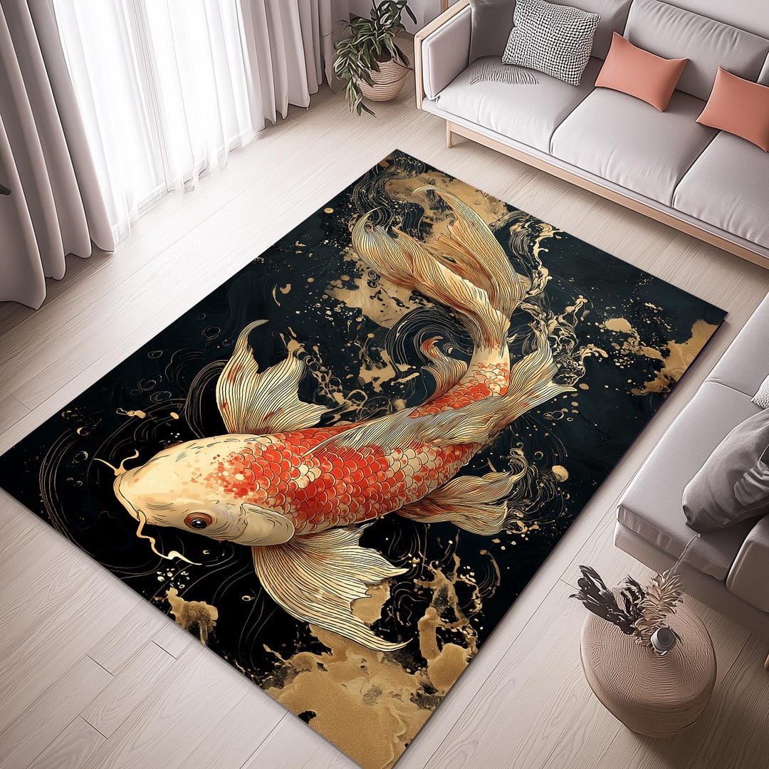 Koi Fish Decor, Japan Themed Rug, Japanese Area Rug, Koi Fish Rug, Fish ...
