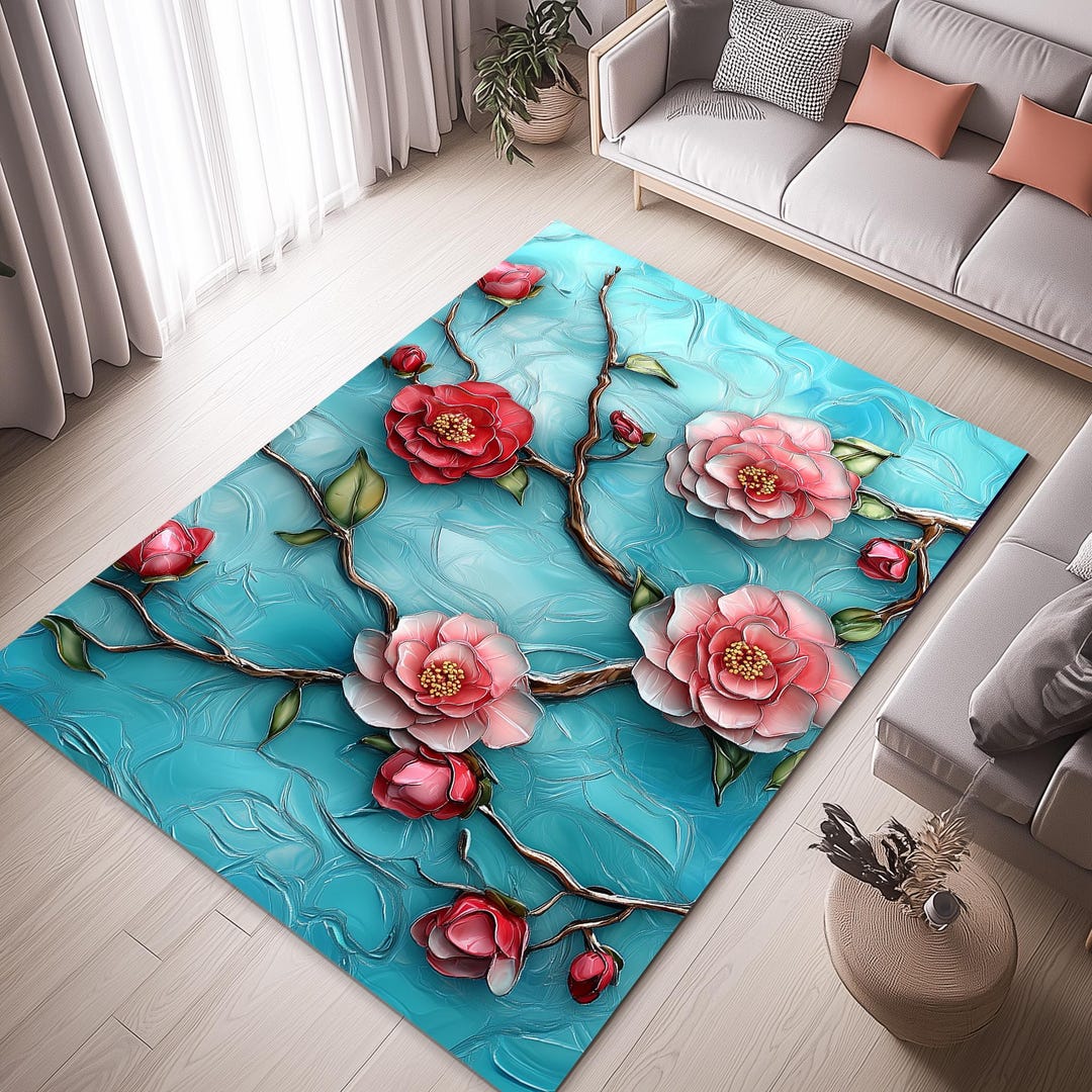 Oil Painting Style Floral Rug, Camellia Flower Rug, Floral Area Rug ...