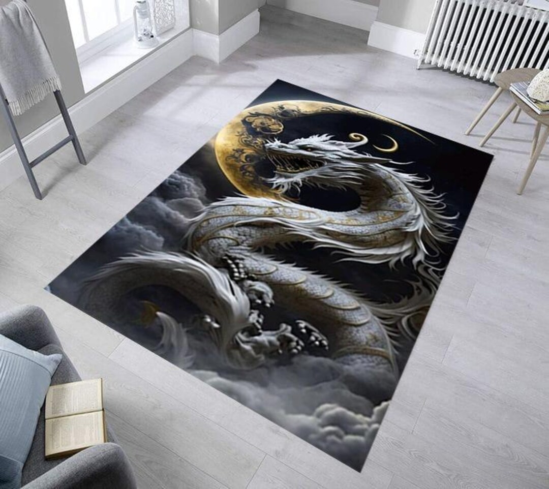Dragon Rug, White Dragon Rug, Gold Crescent Moon Rug, Night Look Rug ...