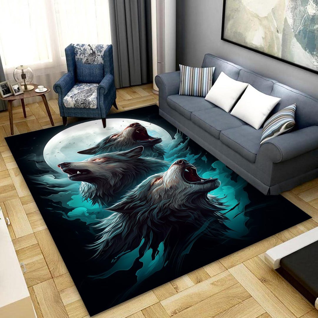 Howling Wolf Rug, Wolves Rug, Full Moon and Wolves Rug, Wolf Themed Rug, Wolf Area Rug, Wolf Rug ...