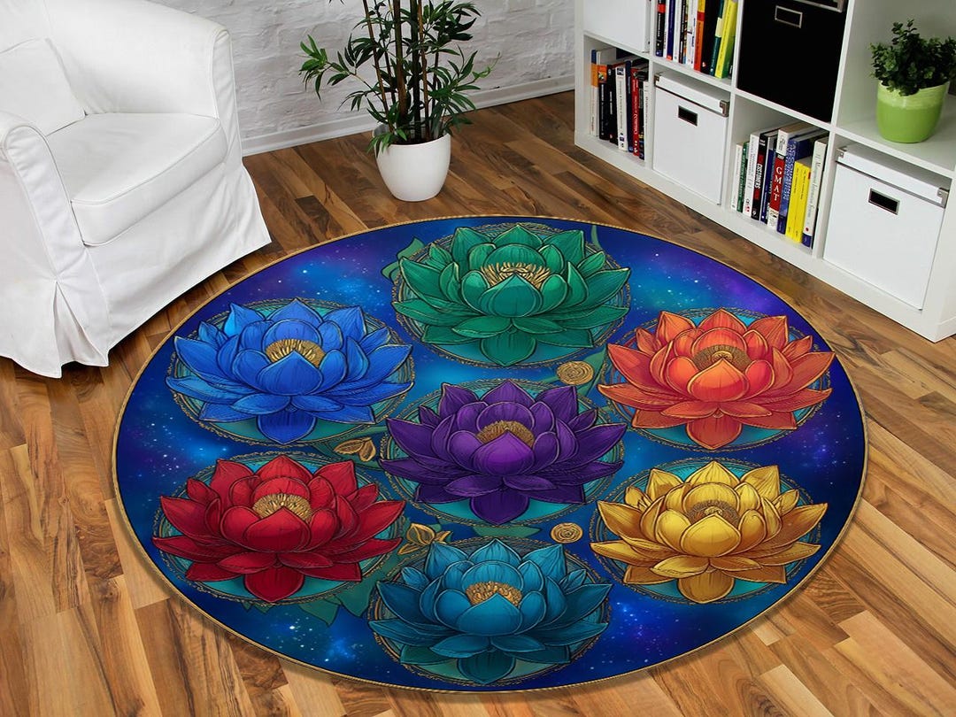 Round Lotus Rug, Chakra Lotus Rug, Colorful Lotus Rug, Lotus Flower Rug ...