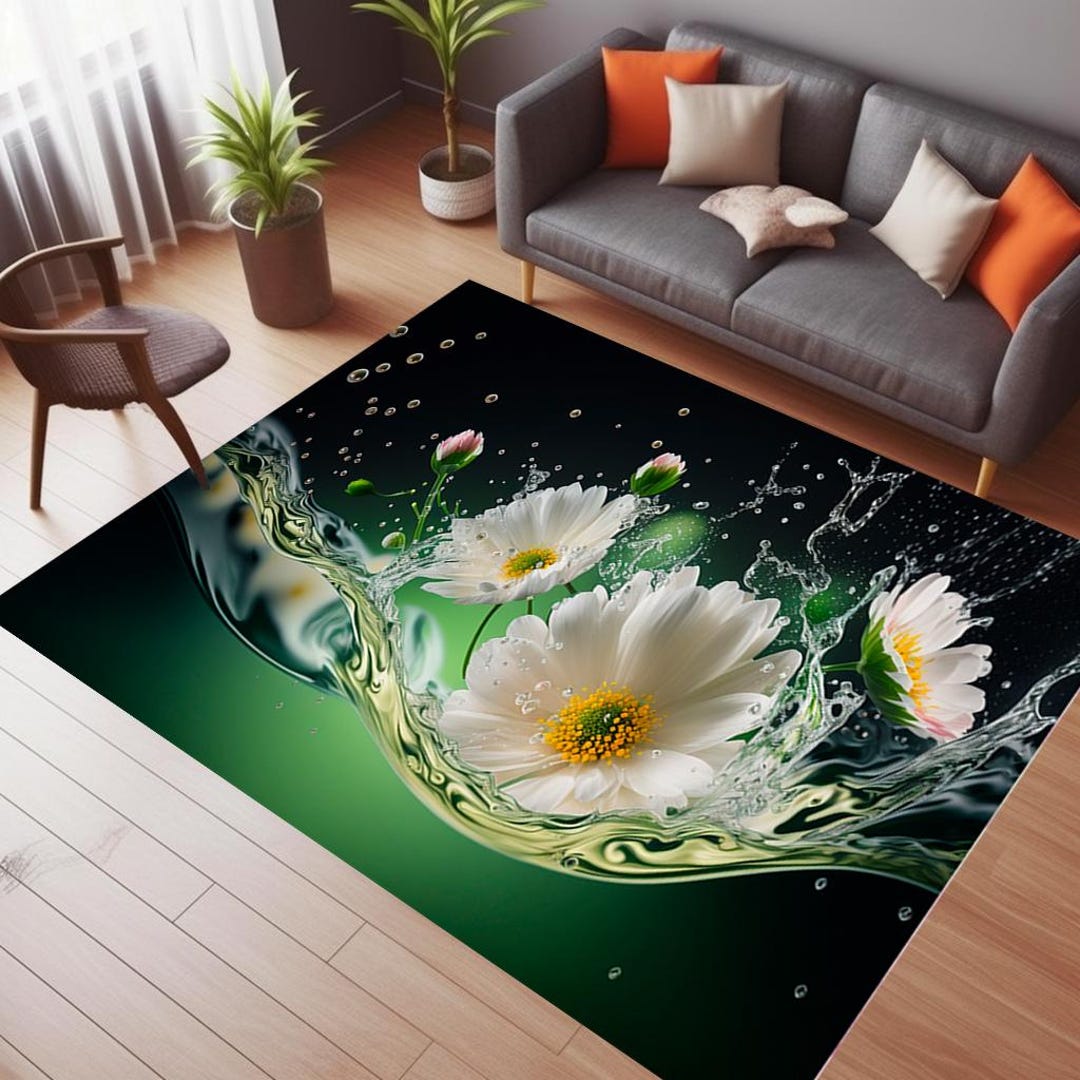 White Daisy Rug, Daisy Rug, Green Flower Rug, Living Room Rug, Floral ...