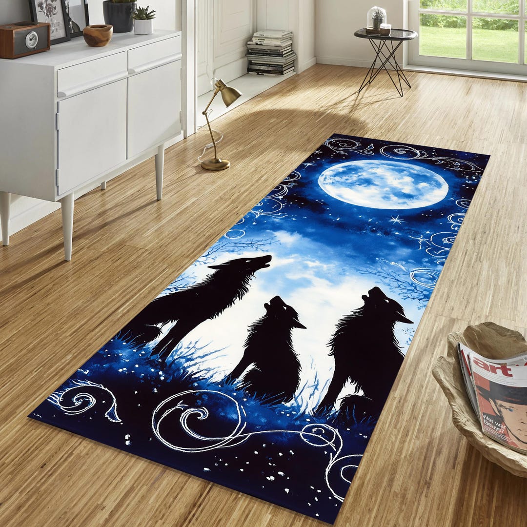 Wolf Patterned Runner Rug, Full Moon Rug, Wolf Rug, Wolf Area Rug ...