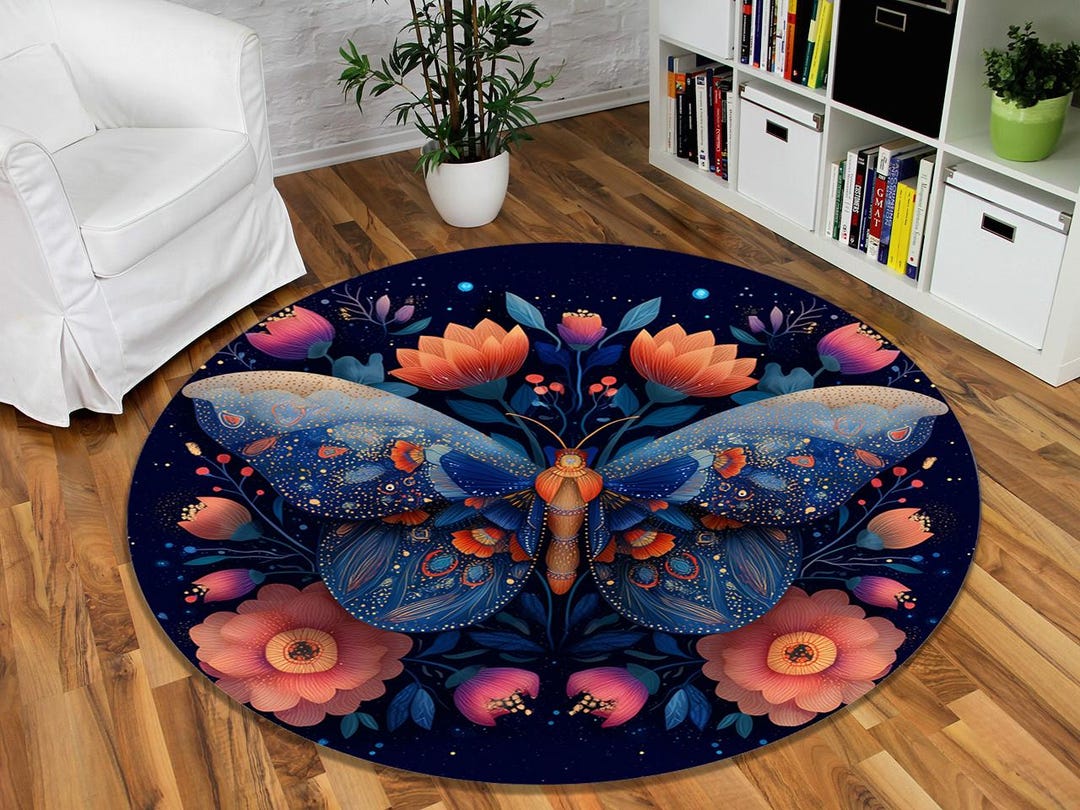Round Butterfly Rug, Butterfly Area Rug, Floral Butterfly Rug, Luna ...