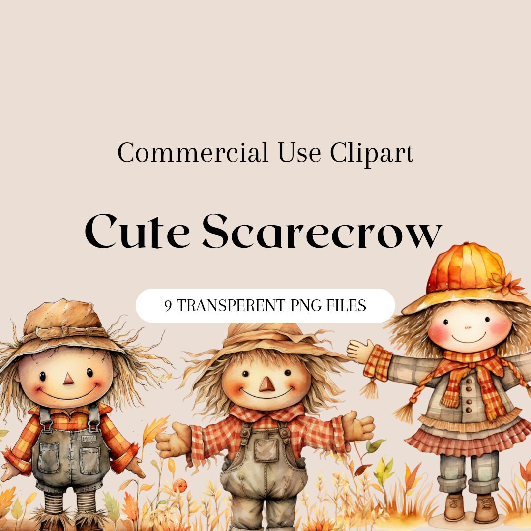 Cute Fall Cartoon Watercolor Scarecrow Clipart Set of 9 Illustrations ...