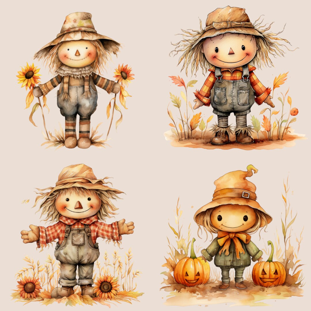 Cute Fall Cartoon Watercolor Scarecrow Clipart Set of 9 Illustrations ...