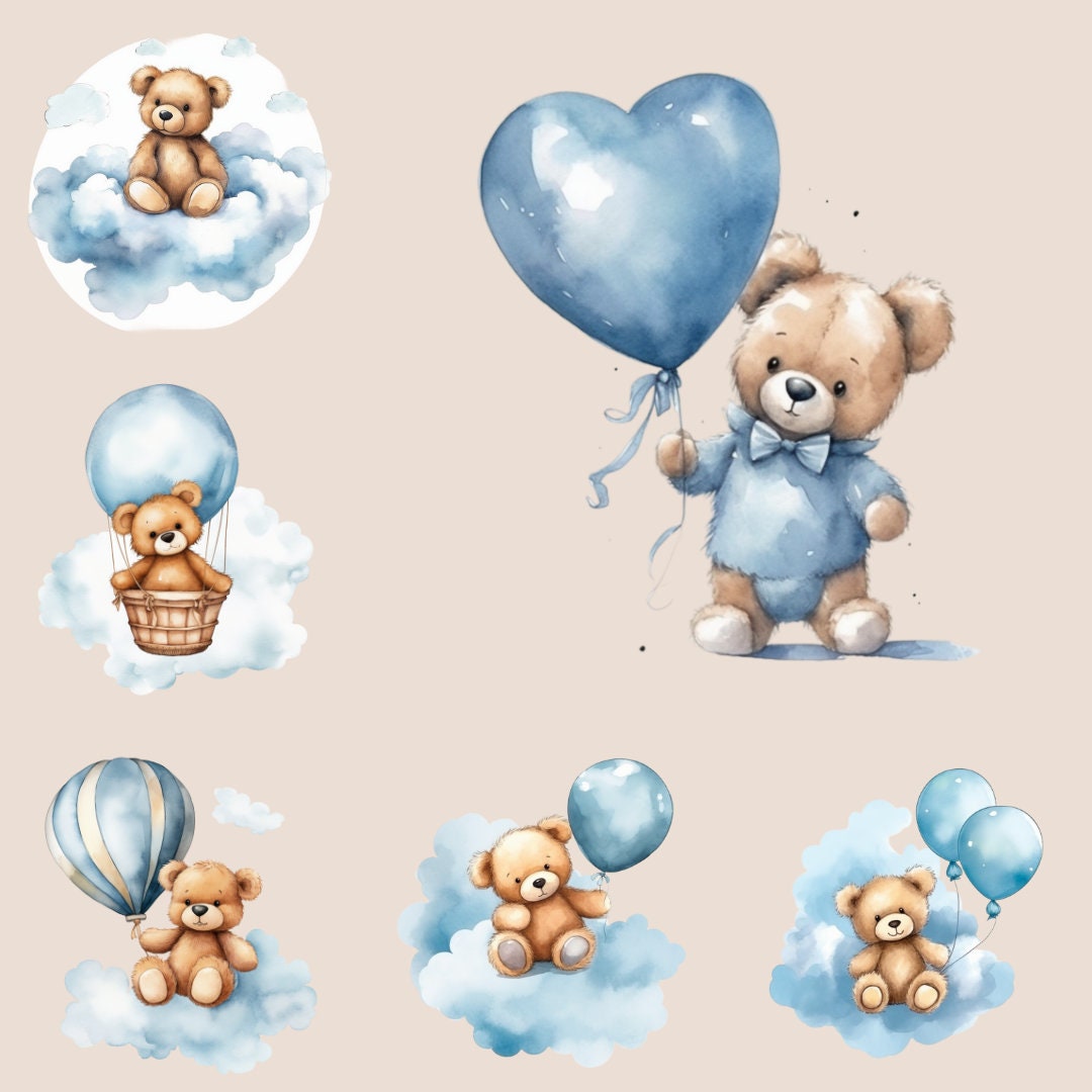 Watercolor Blue Bears Clipart Set Cute Blue Teddy Bears With Balloons ...