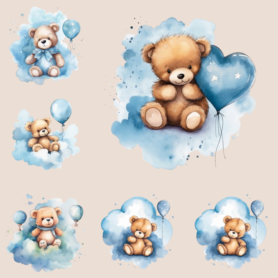 Watercolor Blue Bears Clipart Set Cute Blue Teddy Bears With Balloons ...